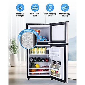Iorbur FLS-90-SILVER 4.0Cu.Ft Compact, Small Refrigerator with Freezer, Retro Fridge with Dual Door, 7 Level Adjustable Thermostat for Garage, Dorm,Bedroom, Office, Silver