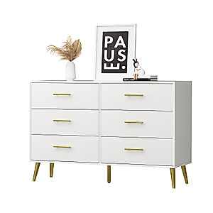 FURNIWAY 6-Drawer Dresser for Bedroom, Modern White Dresser with Gold Handles