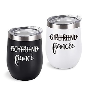 Lifecapido Boyfriend and Girlfriend Wine Tumbler Set, Engagement Ideas for Fiance Fiancee Friend Bachlorette, 12 Oz Funny Couple Stainless Steel Insulated Wine Tumbler with Lid, Black and White