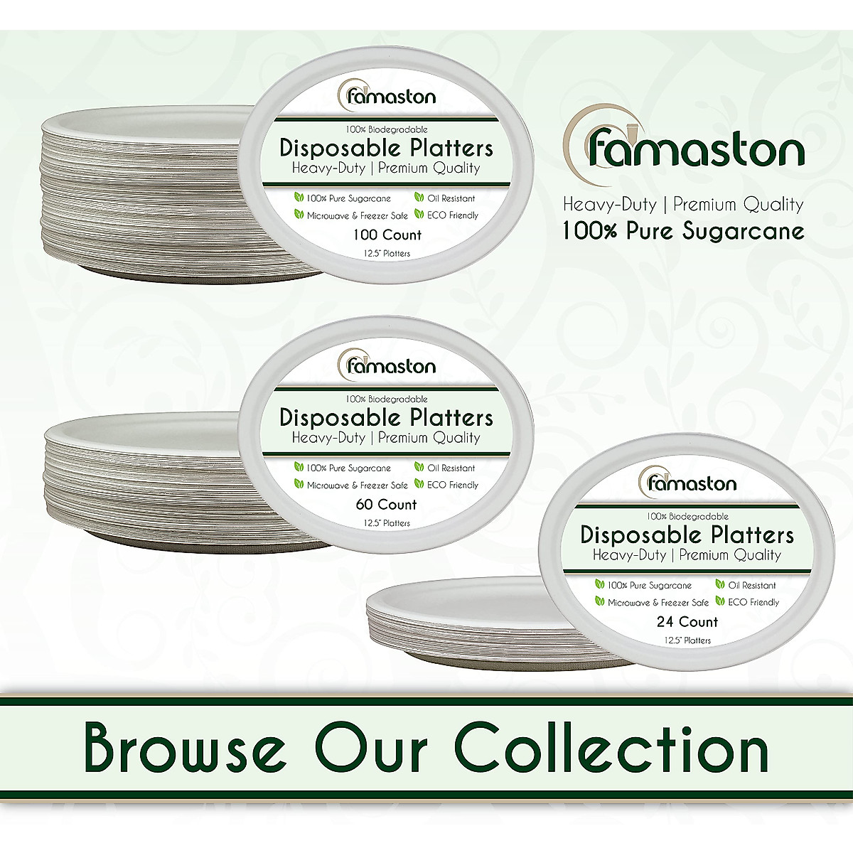 FAMASTON 100 pack Oval Paper Plates 12 inch 100% Compostable Heavy-Duty disposable extra large platters thanksgiving dinner party bulk 12" biodegradable platos - White