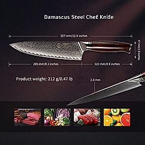 YARENH Damascus Chef Knife 8 Inch with Sheath, Professional Kitchen Knife, 73 Layers Japanese Damascus High Carbon Steel, Full Tang Sandalwood Handle, FYW Series