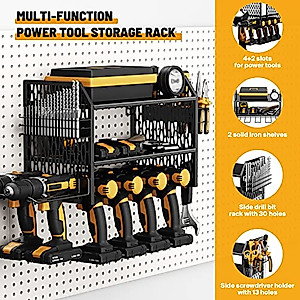 VOPEAK Power Tool Organizer, Drill Holder Wall Mount, Power Tool Storage Rack with 6 Drill Slots, Removable Design, Heavy Duty Metal, Cordless Tool Storage Rack for Garage, Workshop, Warehouse Black