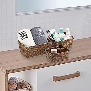 OGANAZI Small Woven Wicker Open Storage Baskets, Set of 3 Natural Seagrass Baskets Rectangular Basket Bins Woven Baskets for Shelf Closet Bedroom (Coffee)