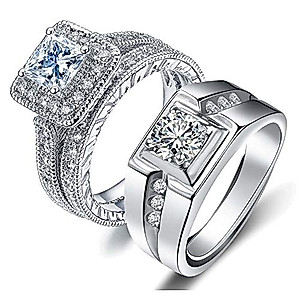 GY JEWELRY 3pc His and Hers Wedding Ring Sets Couples Rings Women's White Gold Filled Cubic Zirconia Wedding Engagement Ring Bridal Sets & Men's Stainless Steel Wedding Band
