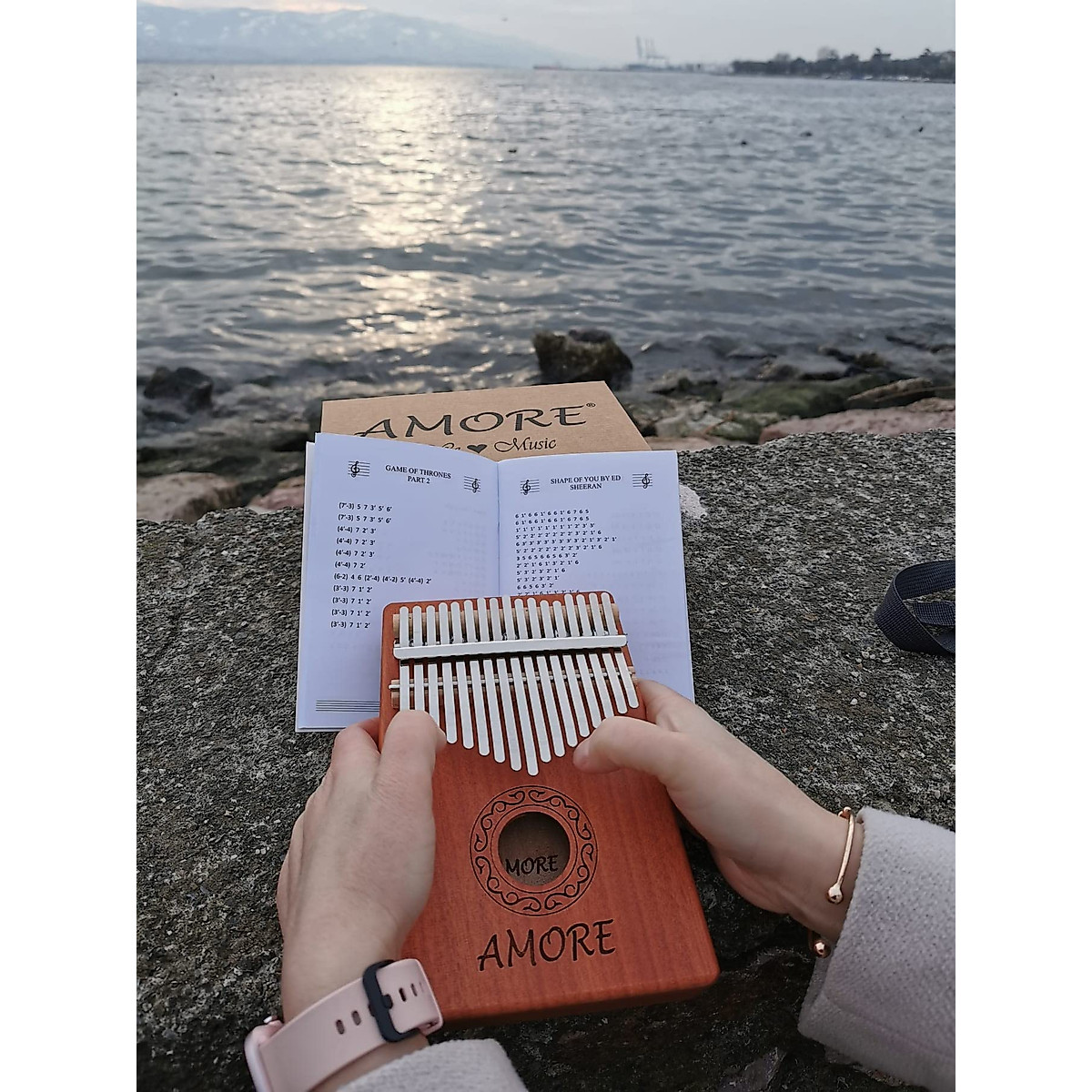 AMORE Kalimba 17 Keys Thumb Piano Small Musical Instrument Christmas Gift for Kids 70 Song Book Tabs Portable Mbira Finger Piano and Adults Beginners All in One Kit