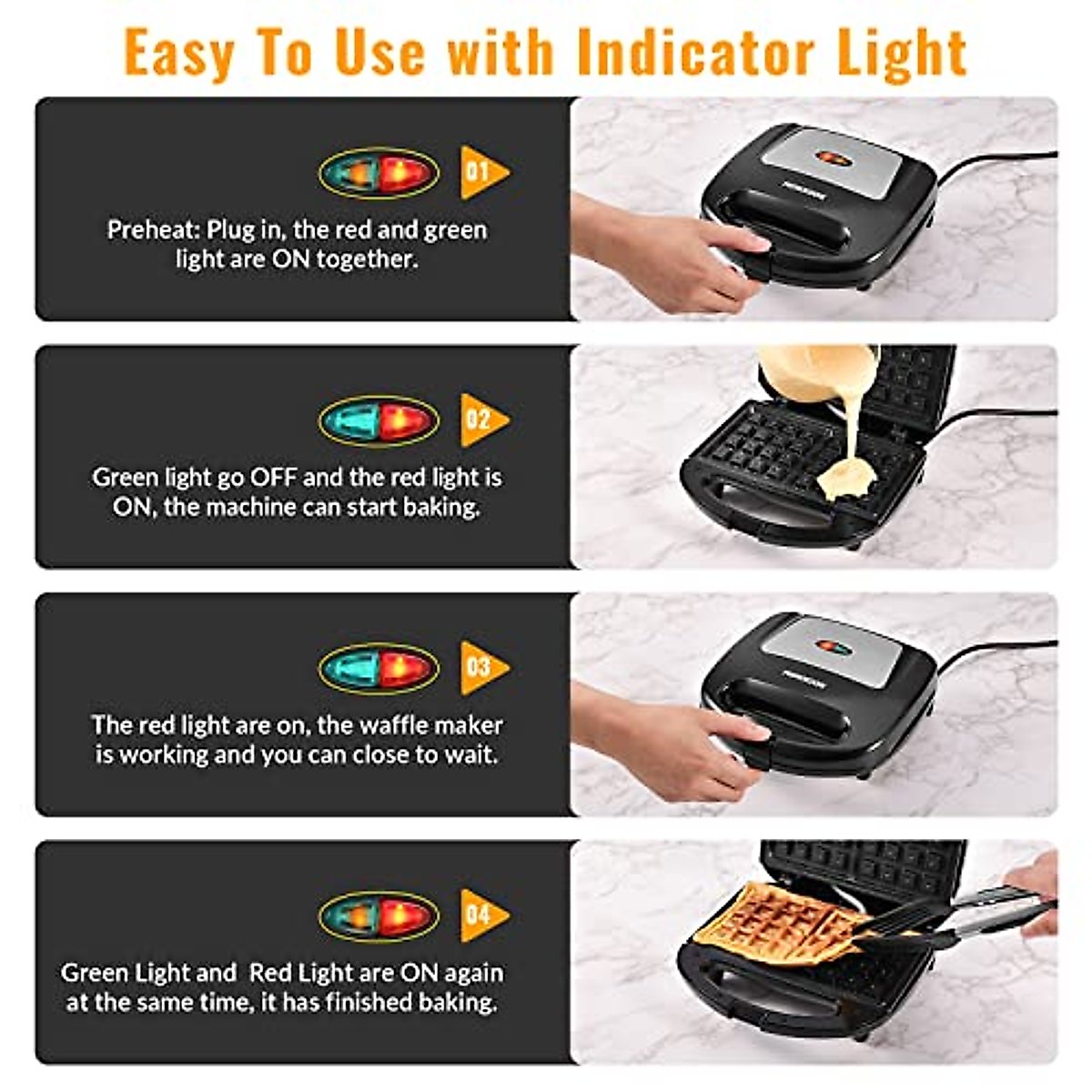 MONXOOK Waffle Maker Belgian, Electric Waffle Maker with Indicator Lights, 2 Slices Square Non-Stick Waffle Irons, Automatic Temperature, Compact Design, Easy to Clean, 750W, Black