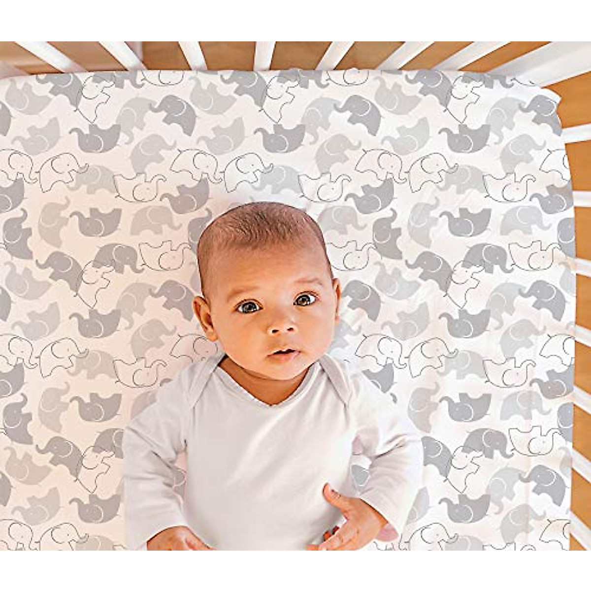 The Peanutshell Fitted Crib Sheet Set for Baby Boys or Girls, Grey Elephants and Stripes, Unisex 2 Pack Set
