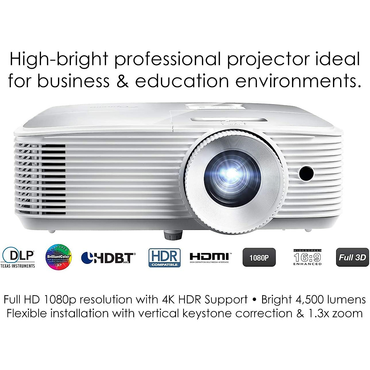 Optoma EH412x Professional 1080p Projector | 4,500 Lumens for Daytime Use in Meetings, Training and Classrooms | 15,000 Hour Lamp Life | 4K HDR Input | Built-in Speaker