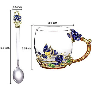 onepeng Birthday Gifts For Women, Glass Flower Tea Mugs,Fancy Tea Cups,Gifts for Mom Women Mothers Day Wife Friends Valentines Day Christmas(Rose-Blue-Short)