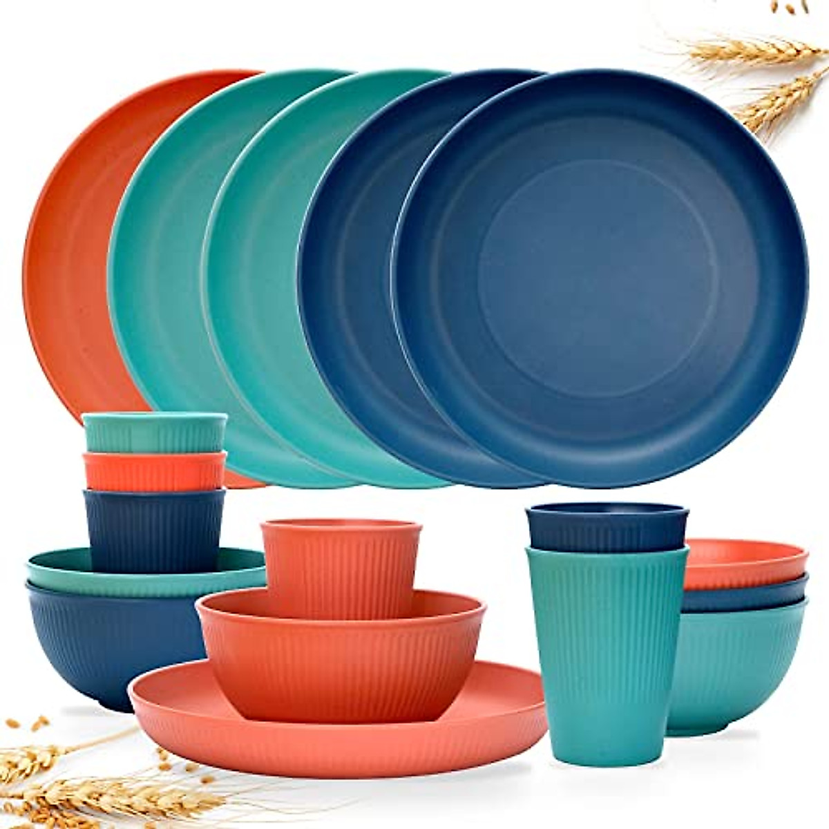 Dhnvcud 18-Piece Plates and Bowls Sets,Wheat Straw Dinnerware Sets for 6,Unbreakable Plastic Dinnerware Set,Reusable Plates,Bowls and Cups,Plastic Dishes Set for Kitchen,Outdoor Camping,RV