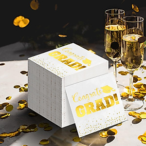 100 Pcs Graduation Napkins Party Decorations, Class of 2024 Congrats Gard Paper Cocktail Napkins, White and Gold Foil Napkins Disposable for High School College Graduation Party Supplies, Gold