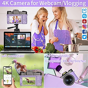 Digital Camera for Photography, 4K 48MP Vlogging Camera for YouTube with WiFi, 3-inch 180-degree Flip Screen, 16X Digital Zoom, 52mm Wide Angle & Macro Lens, 32GB TF Card and 2 Batteries(Purple)