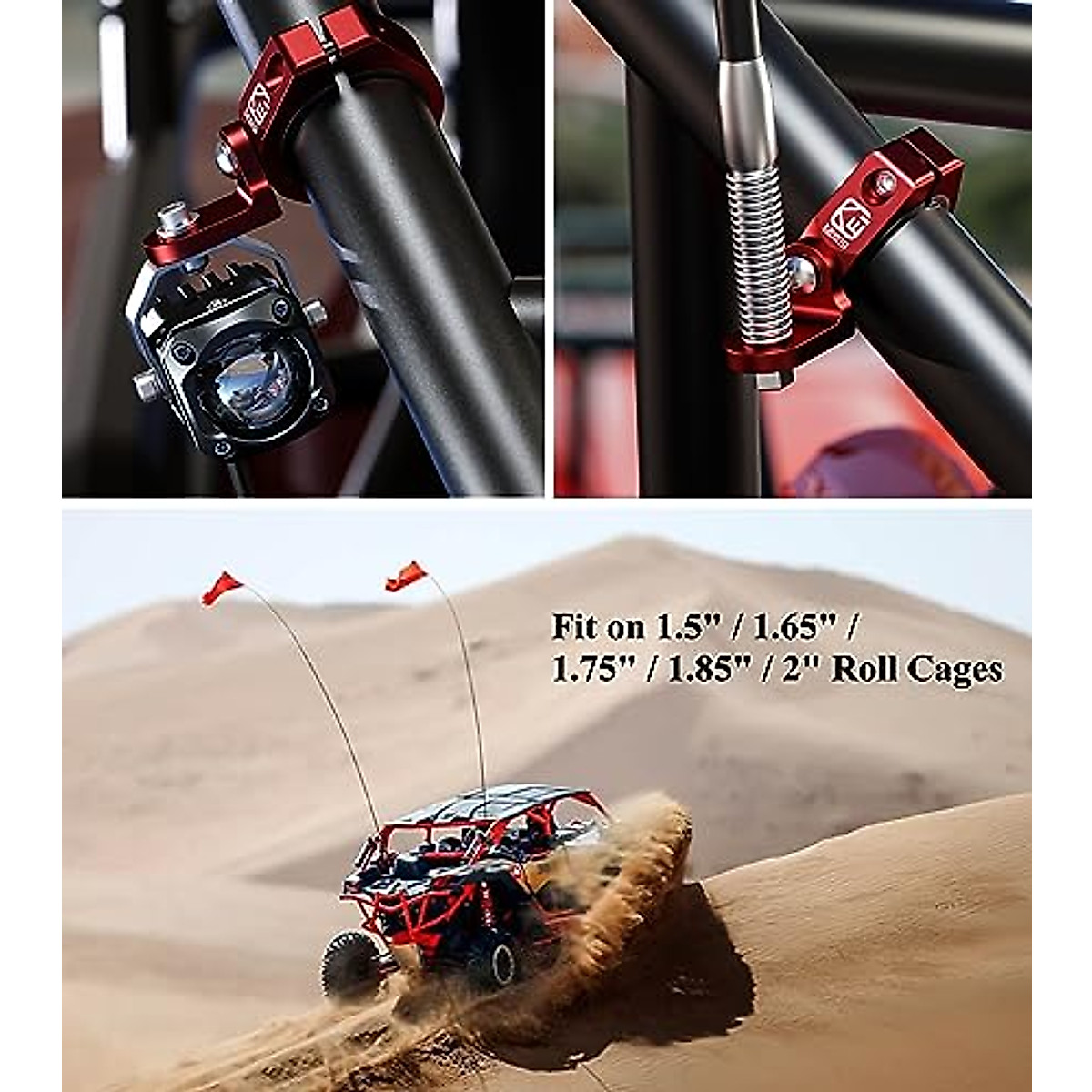 BRCOVAN Whip Light Flag Mount Solid Aluminium Alloy Light Bar Mounts Mounting Bracket Tube Clamp Fit on 1.5''/1.65''/1.75''/1.85''/2'' Roll Cage Bull Bar Roof Rack for ATV UTV Truck (Red)