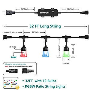 comtifyer Smart Outdoor String Lights, 32ft RGB Patio Lights with 12 Dimmable LED Bulbs, IP65 Waterproof, WiFi APP Control LED String Light for Backyard, Garden, Party