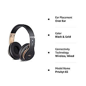 Prtukyt 6S Wireless Bluetooth Headphones Over Ear, Hi-Fi Stereo Foldable Wireless Stereo Headsets Earbuds with Built-in Mic, Volume Control, FM for Phone/PC (Black & Gold)