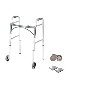 Walker Folding Deluxe 2 Button with Front 5" Wheels and free ski and round rear glide caps, Adjustable Height (Short, Standard, Tall People) by Healthline Trading