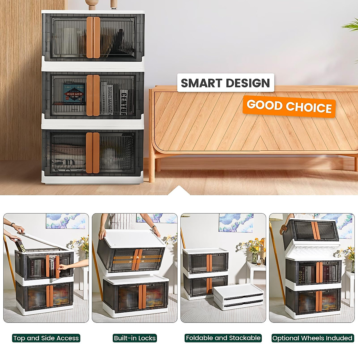 TRZZ 19Gal Closet Organizers and Storage, Collapsible Storage Bin with Lid for Dorm Room, Trunk Car Organizer, Stackable Cabinet Storage, Plastic Bins with Wheels, Folding Storage Box for Home, 3Pack