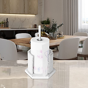 ScarFio Paper Towel Holder Stand with Heavy Duty Wood Base, White Farmhouse Standing Paper Towel Roll Dispenser for Kitchen Countertop fits Standard and Jumbo Size Paper Towels,Kitchen Paper Rack