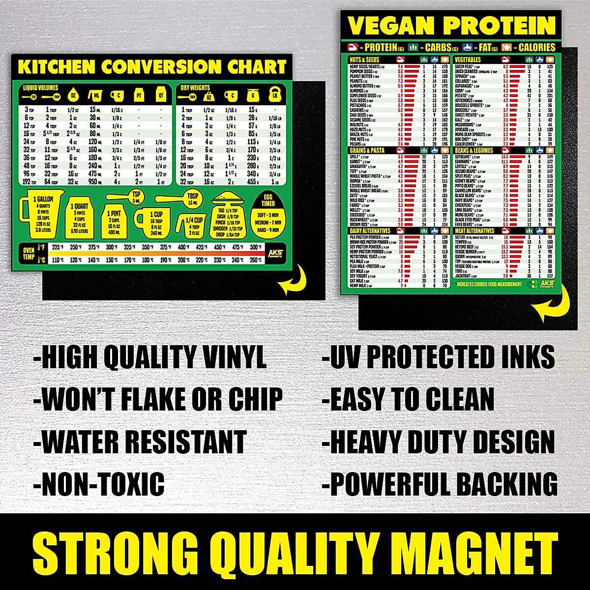 Kitchen Conversion Chart and Vegan Protein Magnetic Cheat Sheet Combination Bundle - Extra Large Easy to Read Reference Guides for Vegan Protein Sources and Baking & Recipe Unit Conversions
