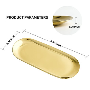 Dobbyby 2 Pack 9 Inch Gold Tray Decorative, Jewelry Dish Bathroom Vanity Tray Small Serving Tray Candle Holder Stainless Steel Cosmetics Tray Perfume Tray, Gold, 9"