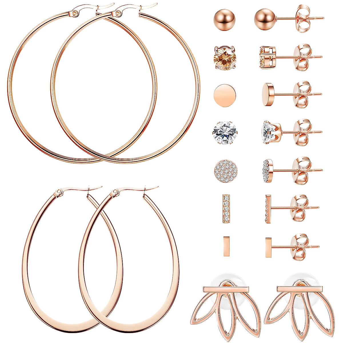 LOYALLOOK 10 Pairs Rose Gold CZ Bar Stud Earrings Set for Women Stainless Steel Earring Lotus Flower Ear Jacket Stud Hoop Earring Women Cartilage Earring Set