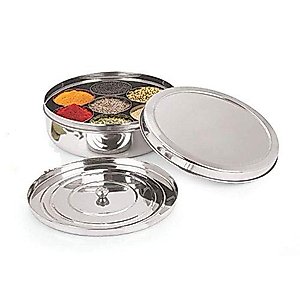 Spice Container - Masala Dabba - 7 Compartments, masala box,steel masala dabba,Spice container box,stainless steel spice box indian masala dabba with 7 spice containers with size 8 X 8 inches
