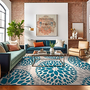 Rugshop Modern Floral Circles Design Easy Cleaning for Living Room,Bedroom,Home office,Kitchen Non Shedding Area Rug 5' x 7' Blue
