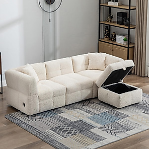 LUMISOL Large Sectional Sofa with Movable Storage Ottoman and 2 USB Ports, Teddy Fleece Fabric Sectional Sofa Couch with Lumbar Pillows, L-Shaped Sofa Couch for Living Room Apartments, Creamy White