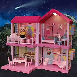 Dollhouse Kit, Doll House Asseccories and Furniture, DIY Pretend Play Building Playset Toys with Doll and Lights, Princess House for Toddlers, Kids Boys & Girls (4 Rooms)