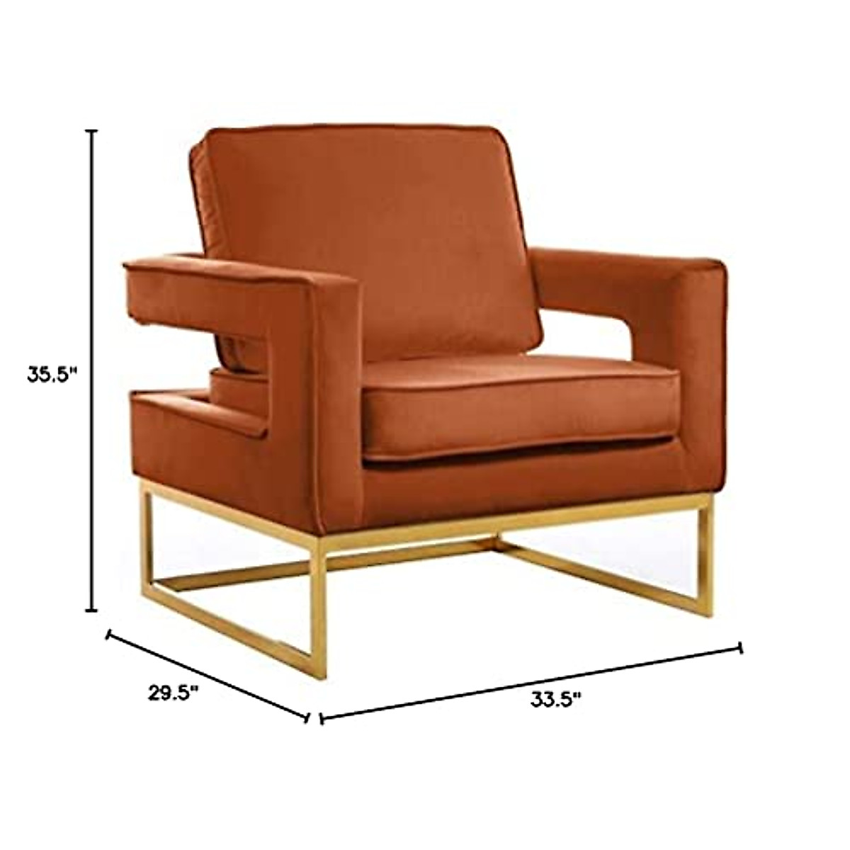 Meridian Furniture Noah Collection Modern | Contemporary Velvet Upholstered Accent Chair with Durable Stainless Steel Base, 33.5" W x 29.5" D x 35.5" H, Cognac