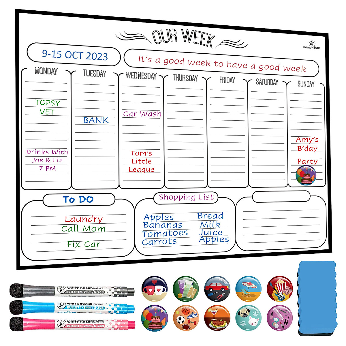 Magnetic Weekly Dry Erase Board Calendar Whiteboard - Magnetic Weekly Planner for Refrigerator - Stain Resistant Nano Technology - 3 Fine Tip Markers and Eraser, 10 Highlight Icons 16inchX12inch