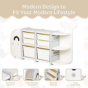 duke baby Kids Small 3 Layer Toy Storage Organizer with 6 Pull-out Storage Bins, Display Bookshelves, Multipurpose Toy Cabinets for Kids Playrooms Bedrooms Age 1-12, Whale Collection White Grey