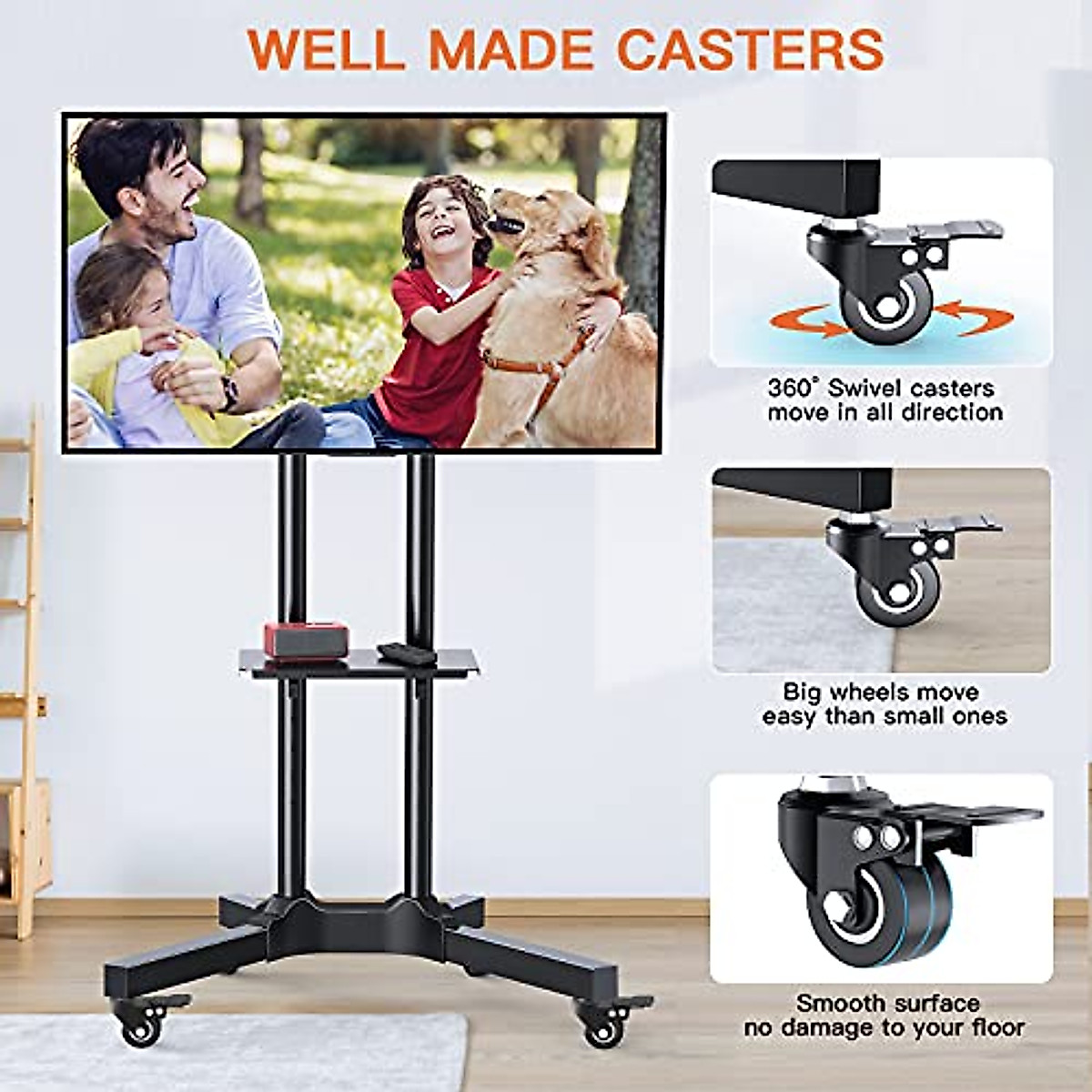 Mobile TV Cart for 32-83 Inch TVs Rolling TV Stand with Height Adjustable Tray Max VESA 600x400mm Holds up to 132lbs LED/LCD/OLED Flat/Curved TVs Portable TV Stand with Lockable Wheels- PGTVMC01