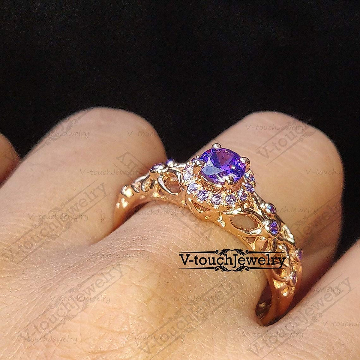 V Touch 14K Rose Gold Plated 925 Sterling Silver Round Cut Purple Amethyst Engagement Wedding Tinkerbell Ring Set for Women's (8)