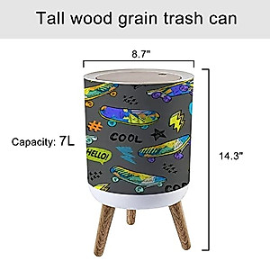 Small Trash Can with Lid Abstract Seamless Grunge for Boys Urban Style Modern with Skateboards Round Recycle Bin Press Top Dog Proof Wastebasket for Kitchen Bathroom Bedroom Office 7L/1.8 Gallon