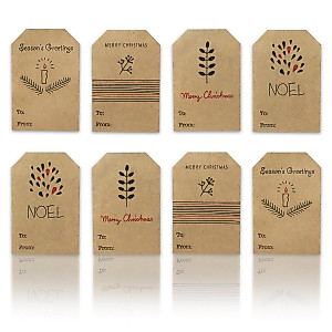 Boho Simple Christmas Gift Tag Adhesive Stickers – 2 x 3 Inch Labels, Roll of 100 with Minimalist Designs – Merry Christmas, Noel, and Candle, Made in The USA