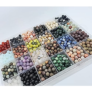 1200pcs 6mm Natural Round Stone Beads Gemstone Beading Loose Gemstone Beads Hole Size 1mm DIY Smooth Beads for Bracelet Necklace Earrings Jewelry Making,Box Packed (24 Material -2,6mm)