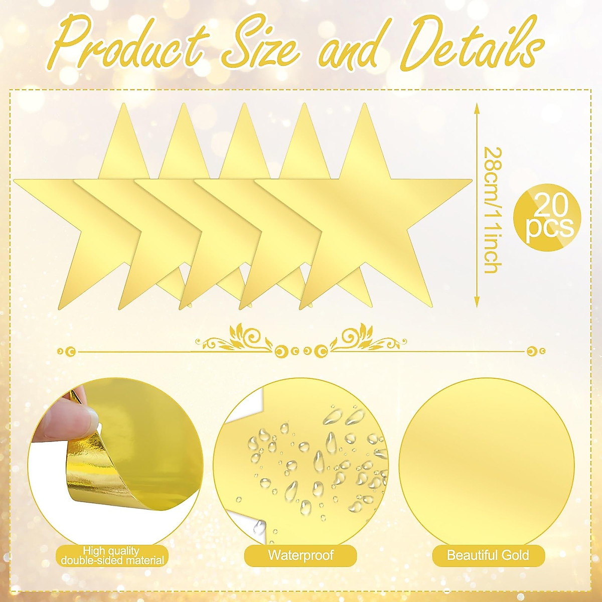 Gold Star Cutouts 11 Inch Double Printed Large Paper Stars Decorations for Wedding Party Classroom Supplies, 40 Pieces