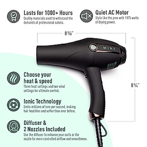 Professional Series Stealth Ionic+ Technology Hair Blow Dryer with Diffuser by MINT | Extremely Quiet with 1875 Watts of Salon-Grade Drying Power.
