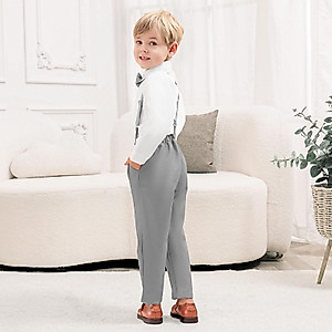 ALINTU Toddler Dress Clothes, Long Sleeve Dress Shirt + Suspender Pants Set, Gentleman Outfits for Boys, Grey, 2-3T = Tag 100