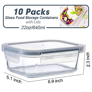 BAYZZ Glass Meal Prep Containers, 10 Packs 22 oz Glass Food Storage Containers,Airtight Lunch Containers with lids - Microwave,Freezer,Dishwasher Safe