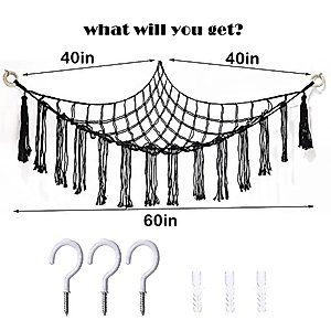 EOESFCB Stuffed Animals Net or Hammock Toy Hammock Boho Stuff Animal Storage Corner Hanging Net Holder Macrame Mesh Hammock Plush Toy Organizer with Tassel for Bedroom Nursery Decor - Black