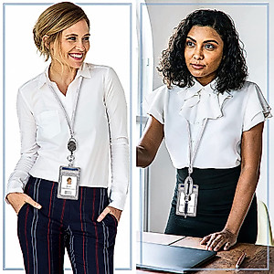 Retractable ID Badge Holder, Multipurpose Bling Rhinestone Badge Reel with Belt Clip, Shiny PU Leather Badge Holder with Lanyard and Pen Holder for Nurse, Teacher, Student, Office Worker (Silver)