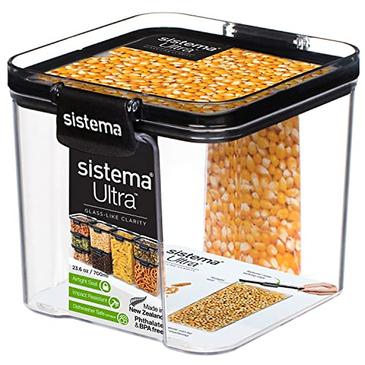 Sistema Ultra Collection Square Food Storage Container, 23.6 oz./0.7 L, Clear/Black
