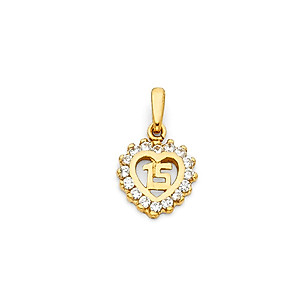 Ioka 14K Yellow Gold Sweet 15 Years Quinceanera Heart Cubic Zirconia CZ Charm Pendant with 1.2mm Figaro 3+1 Chain Necklace - 20"