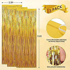 Birthday Party Decorations| 3 Pack 3.3 x 9.9 ft Gold Foil Fringe Curtains Party Supplies|Tinsel Curtain Backdrop for Parties, Glitter Streamers Backdrop for Birthday/Photo Booth Backdrops/Party Decor