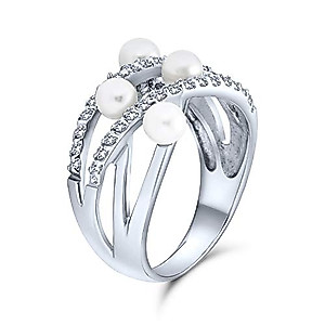 Bling Jewelry Crossover Criss Cross Stacking Style Fashion Statement White Simulated Pearl Band Ring For Women .925 Sterling Silver
