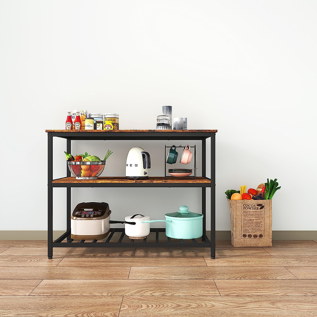 Lamerge Kitchen Island with 3 Shelves, Industrial Kitchen Counter, Kitchen Island with Metal Frame/MDF Top, 3 Tier Kitchen Shelf with Large Workstation for Home, Restaurant(Rustic Brown)