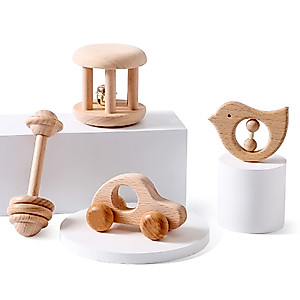 Wooden Baby Toys Wooden Rattle 4PC Handmade Natural Organic Preschool Baby Grasping Toy