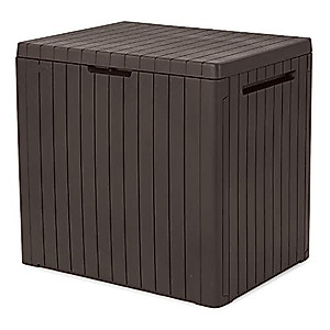 Keter Outdoor Patio Furniture and Hot Tub Side Table with 7.5 Gallon Beer and Wine Cooler, Brown & City 30 Gallon Resin Deck Box for Patio Furniture, Pool Accessories, Brown